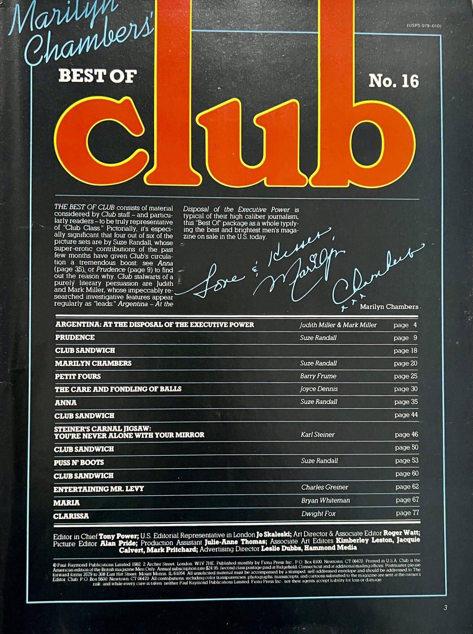 Marilyn Chambers Best Of Club #16 1982 - VM16