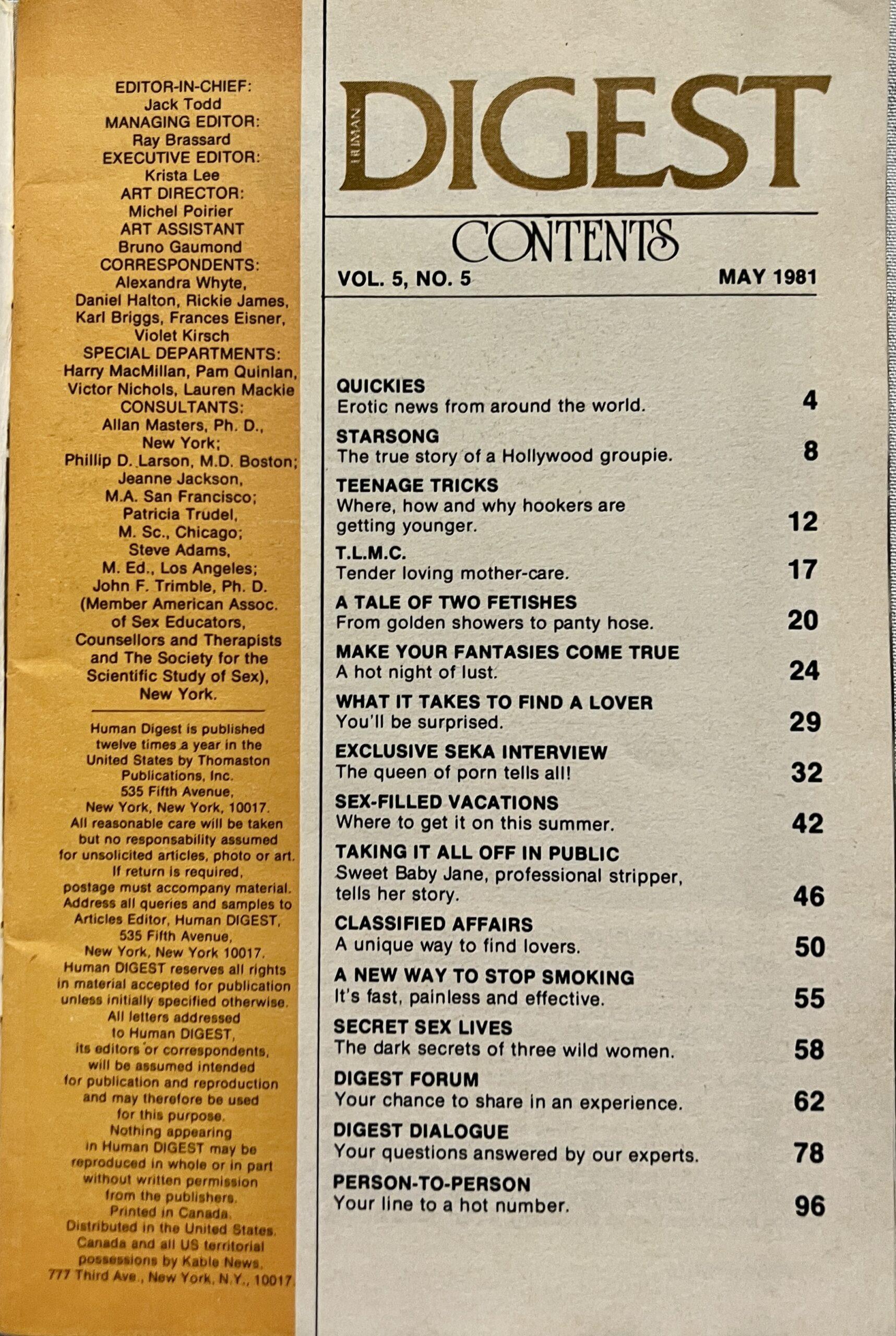 Human Digest May 1981 *Porn Star Seka* Adult Digest Letter's Booklet - VM16